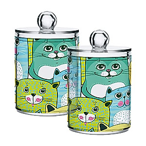 Kigai Cute Colorful Kitten Cats Qtip Holder Dispenser with Lids 2PCS -Bathroom Storage Organizer Set, Clear Apothecary Jars Food Storage Containers, for Tea, Coffee, Cotton Ball, Floss