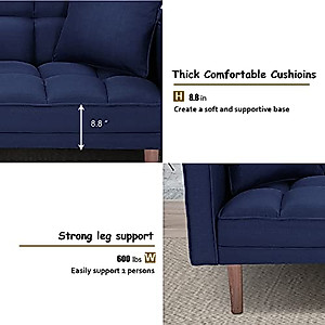 Modern Futon Sofa Bed, 75" Convertible Sleeper Sofa with Armrests and Guests w/ 2 Pillows, Recliner Couch with 5 Solid Wooden Legs, Twin Size Sofa for Living Room (Navy Blue+Fabric)