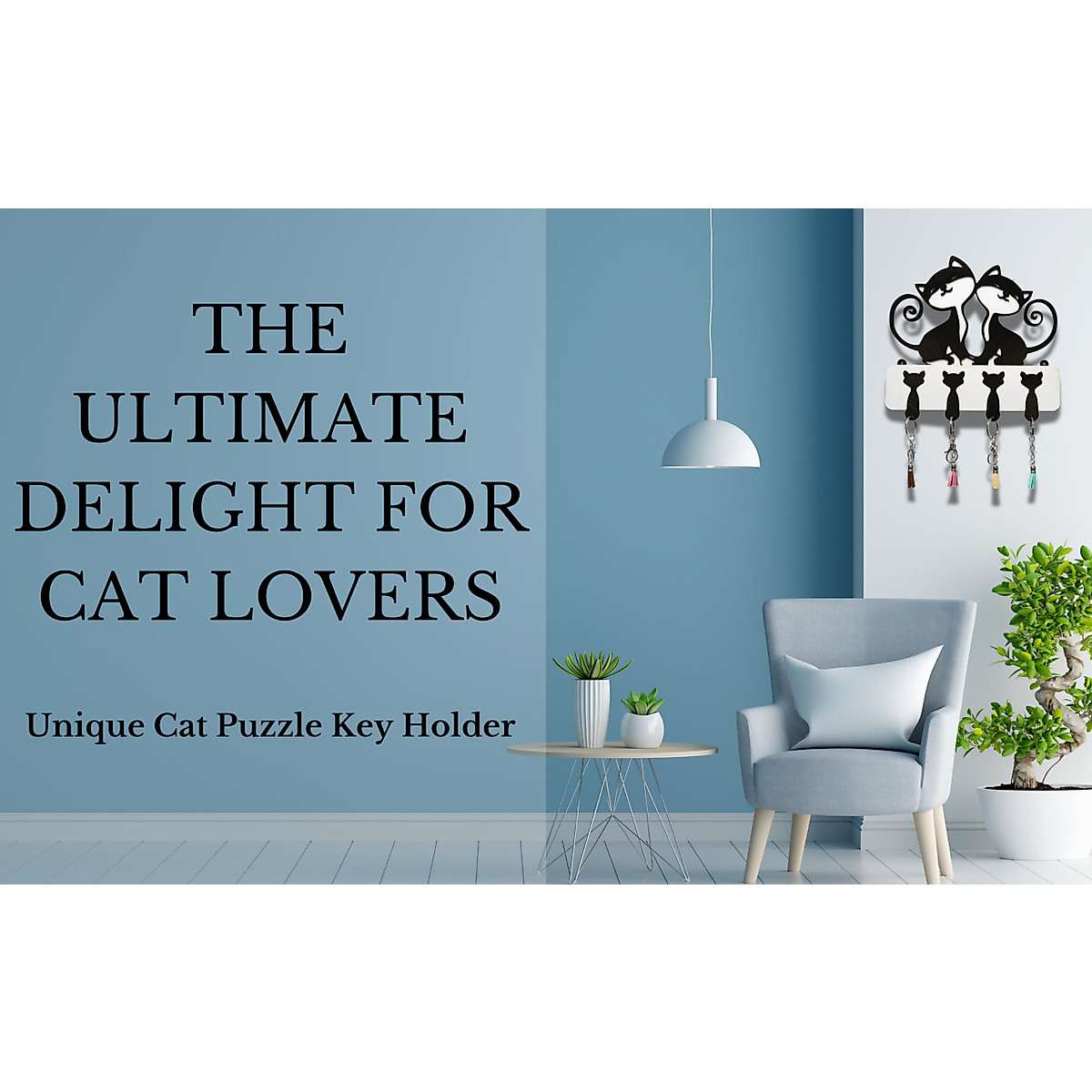 ARCORP Wooden Cat Key Holder for Wall with Four Cute Keychains, Mounting Hardware - Decorative Handcrafted Cat Puzzle Key Organizer and Home Decor - Eco-Friendly Wood Key Hanger