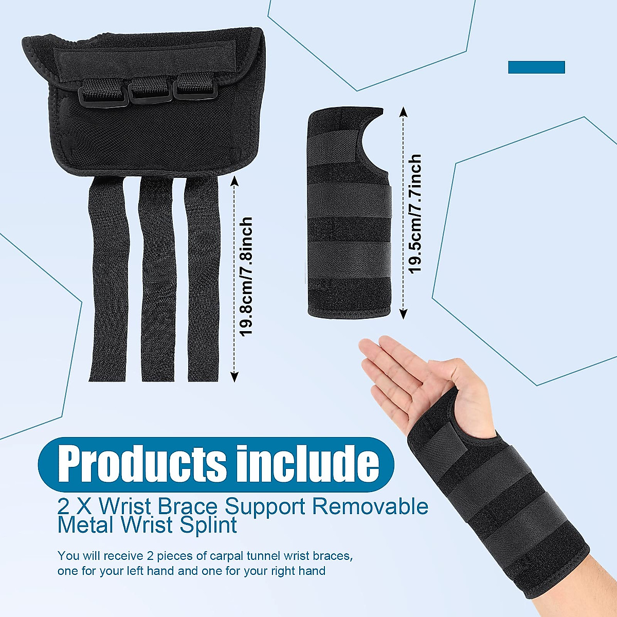 SATINIOR 2 Pieces Carpal Tunnel Wrist Brace Support Removable Metal Wrist Splint, Three Adjustable Compression Straps for Tendinitis, Sports Injuries, Pain Relief (Left and Right Hand), Black