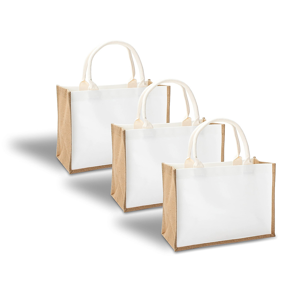 YACEYACE Burlap Tote Bags with Handles, 14.5" x 6.7" x 10.2" Set of 3 Jute Travel Tote Bags Beach Tote Bags Reusable Grocery Bags Bridesmaid Bags Tote Bags for Travel,DIY,Wedding,Shopping