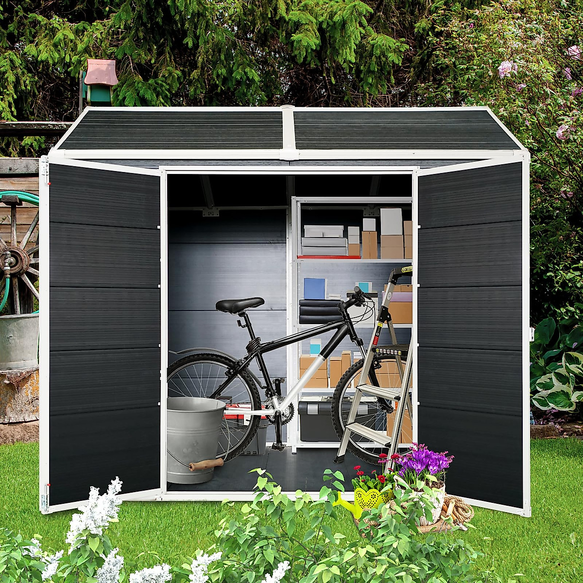 Ball & Cast 4x8 FT Resin Outdoor Storage Shed,Waterproof Garden Organizer Tool House with Floor & Two Windows,Backyard Cabinet w/Lockable Door and Ventilation,Shelter for Car,Bike,Lawnmower,Black