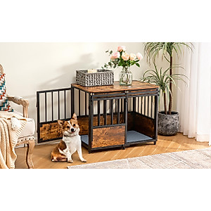 KOOPRO 32 Inch Dog Crate Furniture with Cushion for Large Medium Dogs, Wooden Heavy Duty Dog Kennel with Double Doors, Decorative Pet House Dog Cage Side End Table Indoor, Sliding Door Chew-Resistant