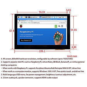 waveshare 4.3inch HDMI LCD 800x480 IPS Capacitive Touch Screen HDMI Interface Support All Version Raspberry Pi 4B/3B+/3B/2B/Zero/Zero W/Zero WH,Jetson Nano BB Black Banana Pi Windows 10/8.1/8/7