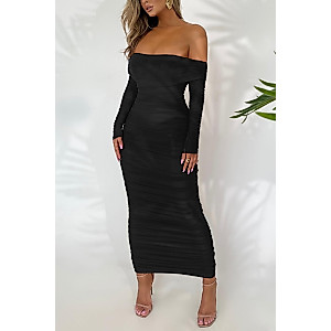 PRETTYGARDEN Women's Fall Off Shoulder Maxi Bodycon Dress Long Sleeve Ruched Fitted Club Dresses with Slit (Black,Small)
