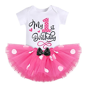 IBTOM CASTLE Baby Girls One 1st Birthday Outfit Polka Dots Romper Tutu Dress Sequin Bowknot Headband Princess Skirt One Years Old Clothes Set for Kids Prom Dance Evening Ball Gown Hot Pink-1ST 1T