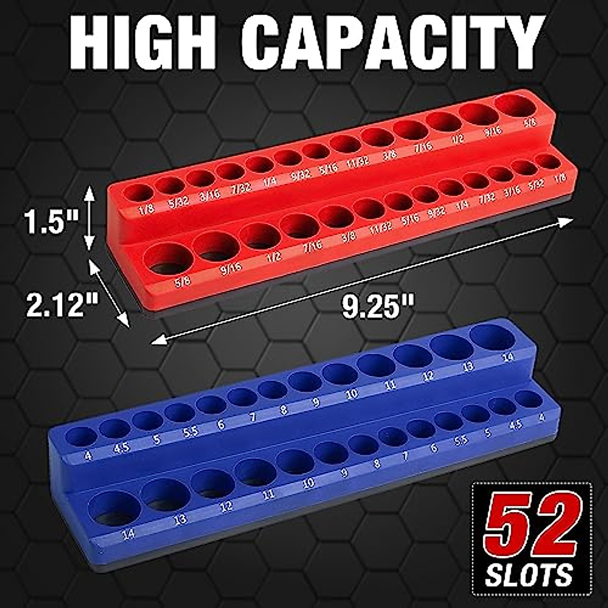 ALOANES 52-Slot Magnetic Socket Organizer, 2PC Socket Holder Kit, 1/4-inch Drive Premium Socket Tray Holders,for Standard and Deep Metric SAE Sockets, Heavy Duty Tools Organizer(Red&Blue)