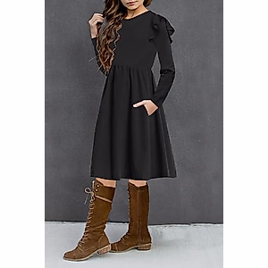 HOSIKA Girls Fall Dress Long Sleeve Ruffle Casual A-Line Midi Dress with Pocket for Kids 6-12 Years Black