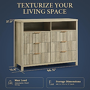 OAKHAM HOME Oxford Fluted 6 Drawer Dresser for Bedroom, Wide Modern Wooden Chest of Drawers with 2 Shelves, TV Stand of Drawers, Wood Drawer Organizer, 46.5" W x 37" H x 15.4" D (Sunwashed Ash Oak)