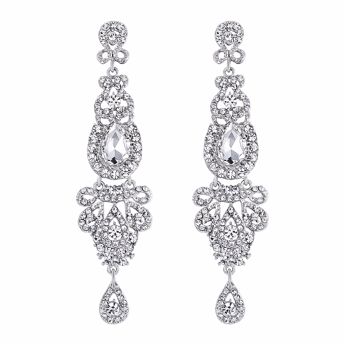 BriLove Women's Wedding Bridal Crystal Art Deco Long Chandelier Dangle Earrings Clear Silver-Tone