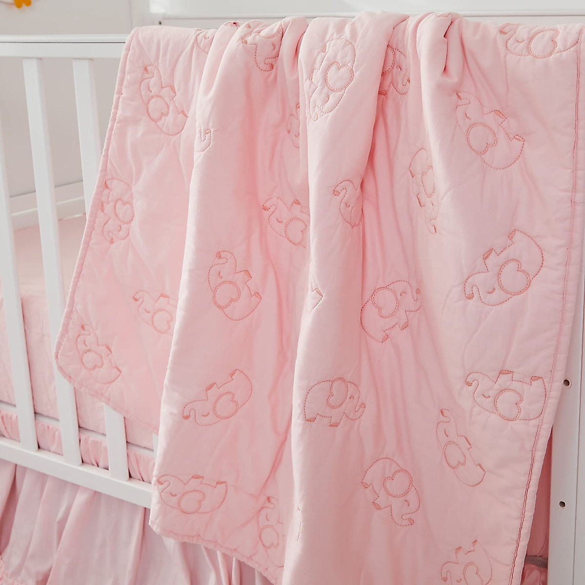 Brandream Crib Bedding Set for Girls Nursery Bedding with Elephant Embroidered Cotton Chic Pink Baby Girl Bedding Crib Set, 6 Pieces