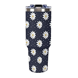 White Daisies Circles 40 Oz Tumbler Insulated Stainless Steel Water Bottle Travel Mug Car Cup with Handle And Straw