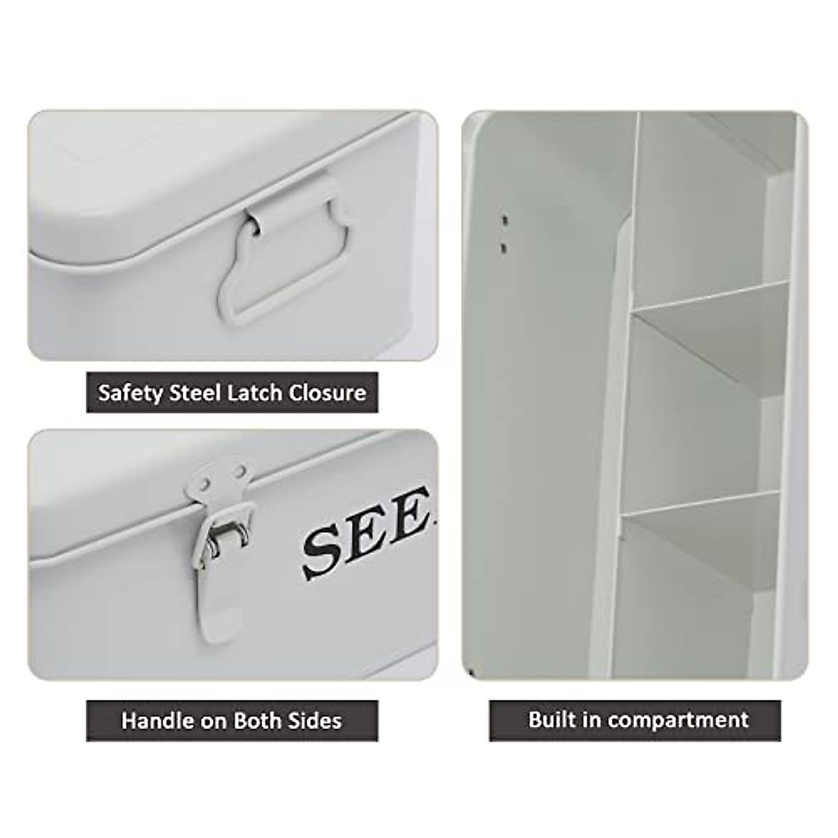 Xbopetda Seed Saving Box, Metal Seed Bin, Seed Storage Organizer Box, Seed Packet Container with Lid, Seed Envelope Storage Box, 4 Compartments Garden Seed Bin with Safety Locks-White