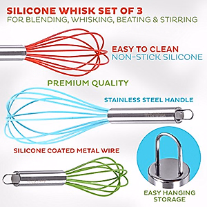 Silicone Whisk Set of 3 - Stainless Steel & Silicone Non-Stick Coating – Colored Balloon Egg Beater for Blending, Whisking, Beating, Frothing & Stirring (12-inch, 10-inch & 8.5-inch)