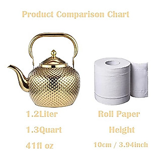Alunsito Stove Top Tea Pot, Food Grade Stainless Steel Tea Kettle with Handle and Tea Strainer, 1.3qt Teapot Water Boilers for Home Kitchen Hotel Restaurant, Gold, 1.2 Liters