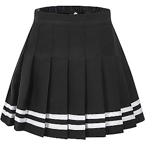 Women's Plaid Skirt, High Waist Pleated School Uniform Cosplay Costume Cheer Skirt, Black with Stripe/New Version, US S