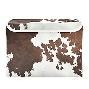 Decorative Storage Bins for Closet, Western Cow Skin Texture Collapsible Storage Baskets with Lids and Handles for Shelves Closet Home Decor