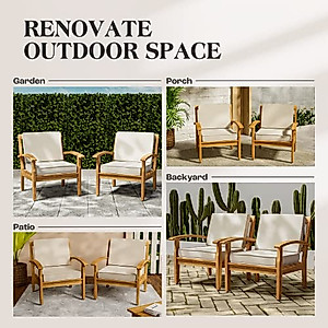 IDZO Laurent 3 Piece Acacia Wood Patio Furniture Set, 1 Outdoor Loveseats + 2 Outdoor Club Chairs, Teak Finish Wooden Patio Furniture Set with 3.9in Thick Soft Cushions for Porch Patio Garden