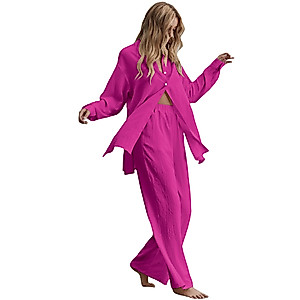 Floerns Women's 2 Piece Outfits Slit Hem Longline Blouse and Wide Leg Pants Set A Hot Pink S