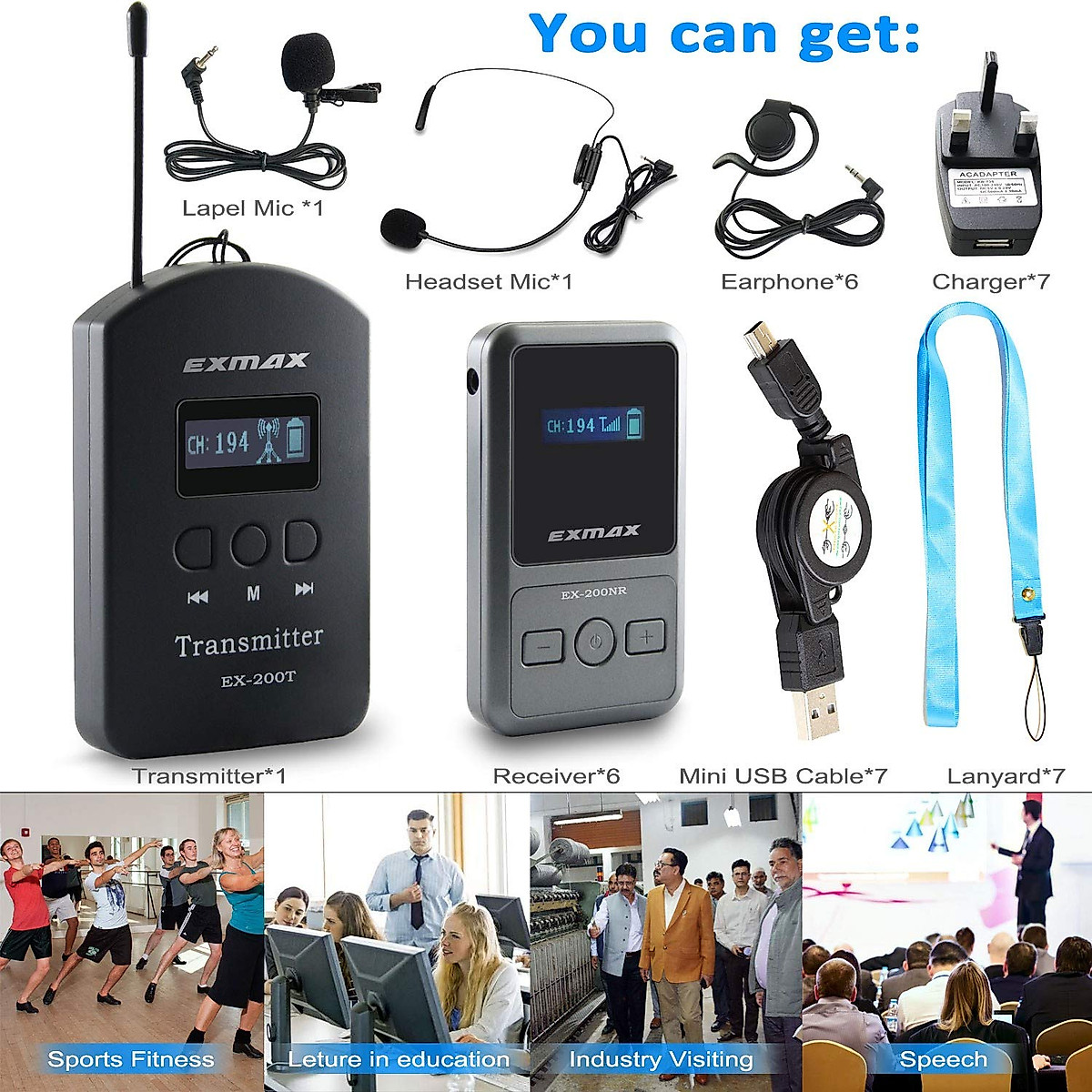 EXMAX EX-200N UHF Wireless Tour Guide System Hands-free Transmitter Receiver 200 Channels for Church Translation, City Museum Tour, Equestrian Training, hajj - 1 Transmitter & 6 Receivers