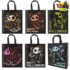 JOYIN 12 Pcs Halloween Treat Tote Bags in 6 Metal Shining Skeleton Design, 17" Large Reflective Halloween Character Trick or Treat Bags, Halloween Goodie Gift Candy Bags Halloween Party Favor Party Supplies