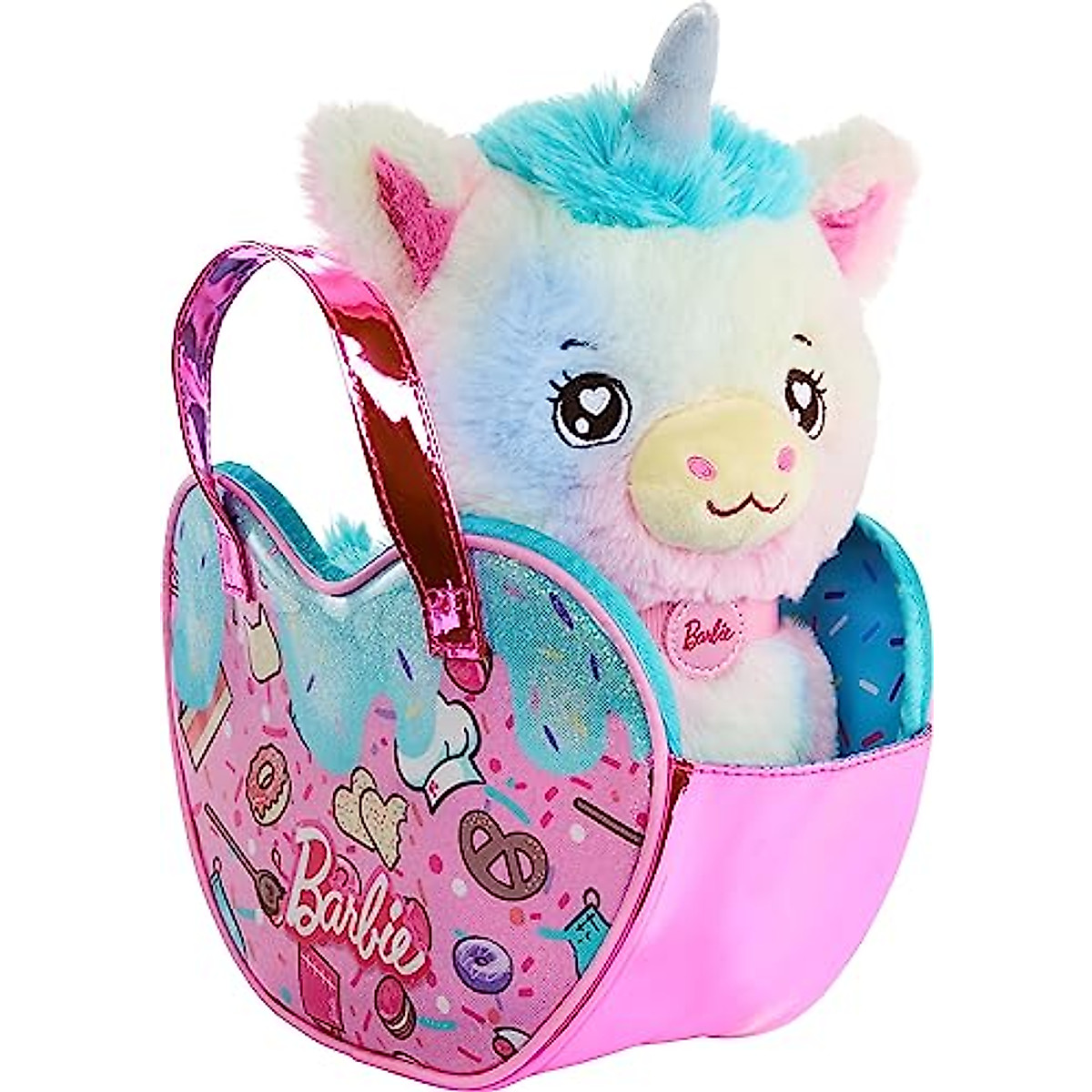 Barbie Stuffed Animals, Unicorn Toys, Plush Unicorn with Dessert-Themed Purse Playset and 5 Accessories, Chef Pet Adventure
