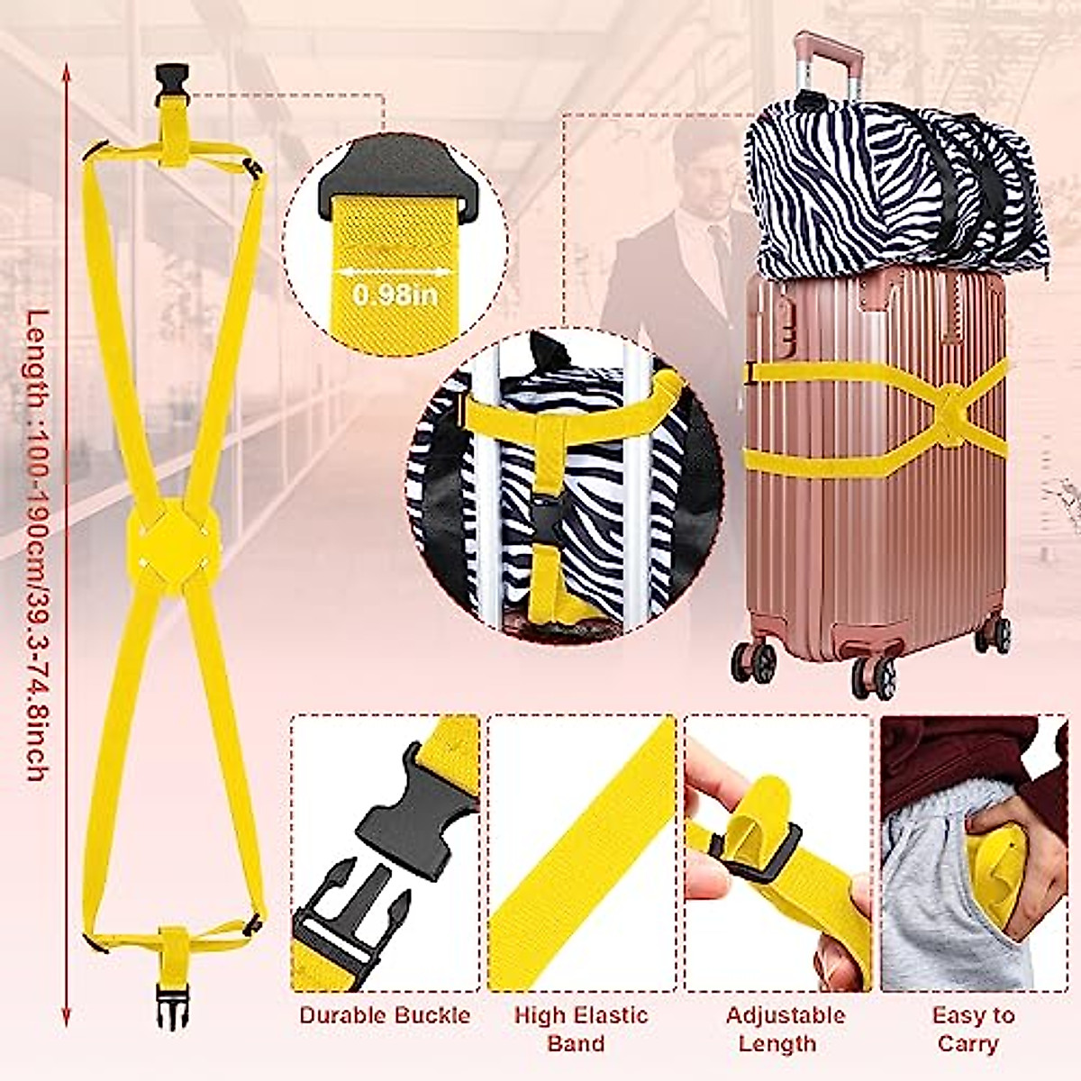 8 Pcs Luggage Straps Suitcase Belts Add A Bag Luggage Straps Elastic Adjustable Belt Suitcase Strap Belt Luggage Bungees for Add a Bag Suitcase Belt Travel Accessories for Connect Luggage (Yellow)