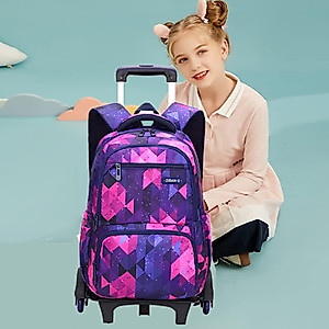 ETAISHOW Boys Girls Rolling Backpack with Wheels Geometric Kids Roller School Bag Wheeled Bookbag for Women Purple