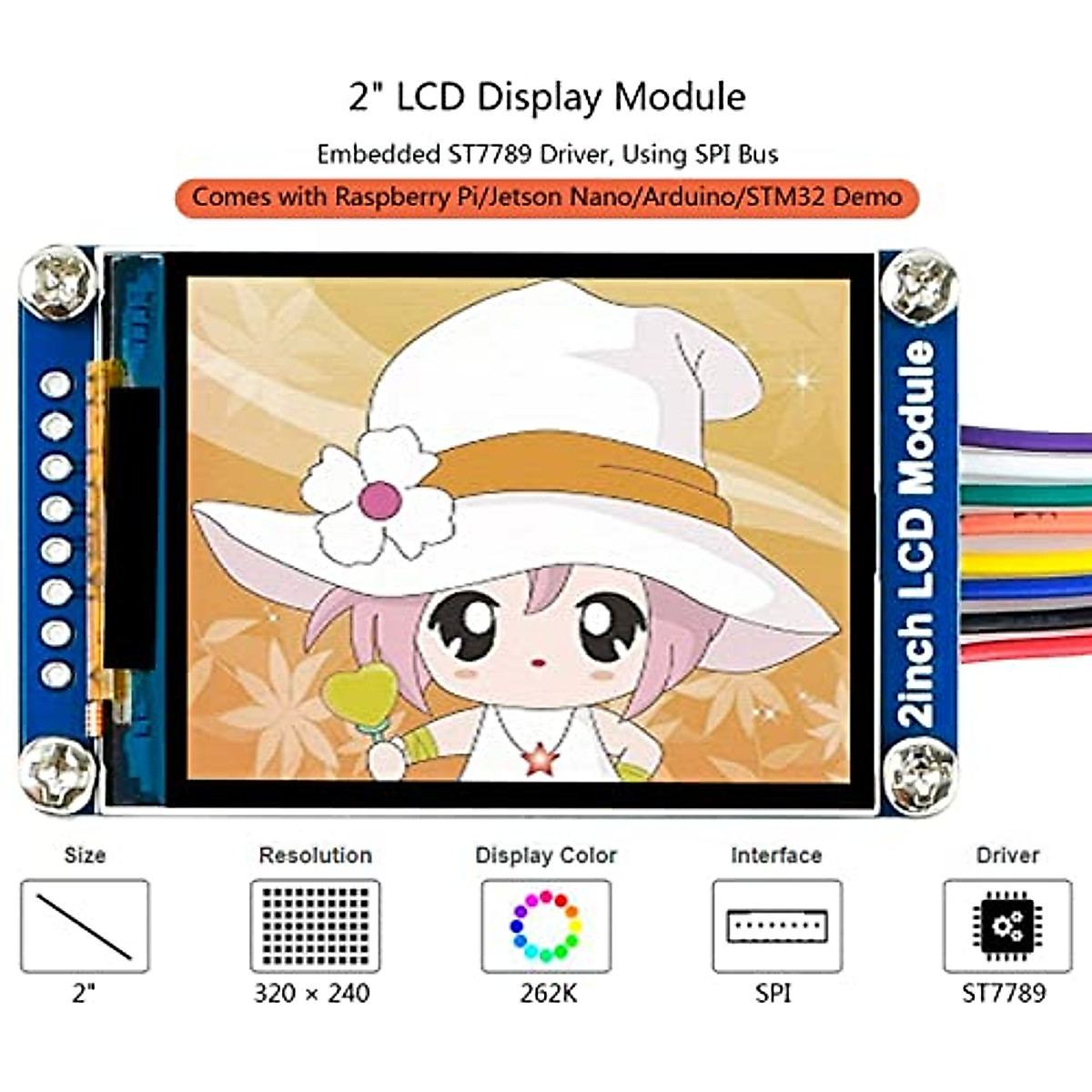waveshare General 2inch IPS LCD Display Module 240×320 Resolution 2.0inch Monitor Embedded Controller RGB, 262K Color Display Color LED Backlight ST7789 Driver SPI Interface