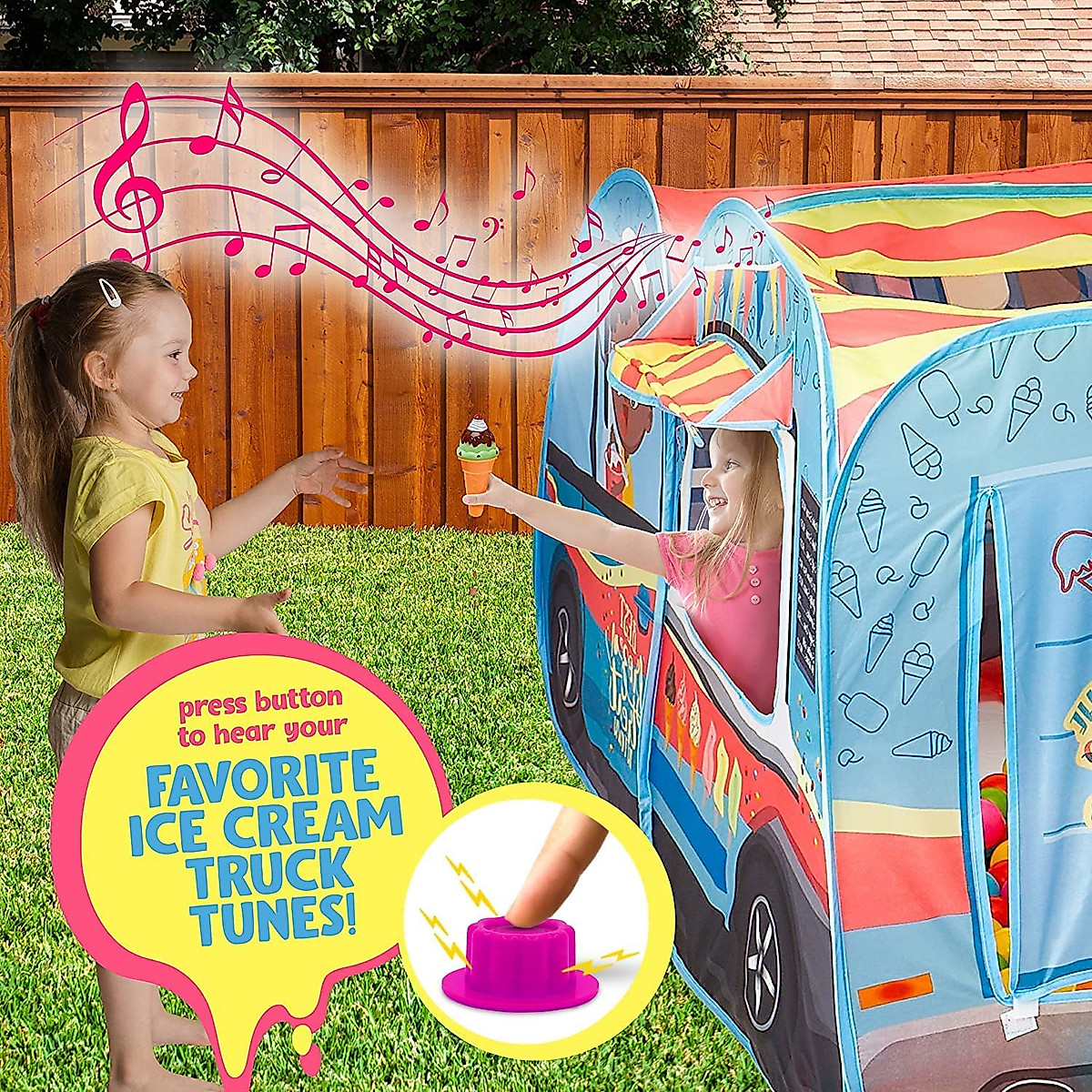 Kiddzery Ice Cream Truck Play Tent for Kids - Pretend Play Toy Food Set - Pop Up Icecream Playhouse Toys with Music Button - Birthday Gift for Girls & Boys - Indoor & Outdoor Tents for Toddlers & Baby