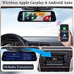 9.66" Mirror Dash Cam Front and Rear with Wireless CarPlay Android Auto Rear View Mirror Camera for Cars & Trucks, Enhanced Night Vision, IPS Touch Screen, Voice Control, Dual Cameras+32G Card, 7V-36V
