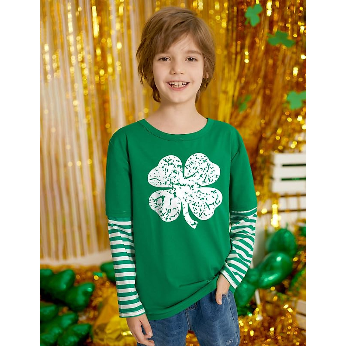 BesserBay Boy's Sanit Patricks Day Clover Shirt Irish Long Sleeve Green Top for Girls 9-10 Years