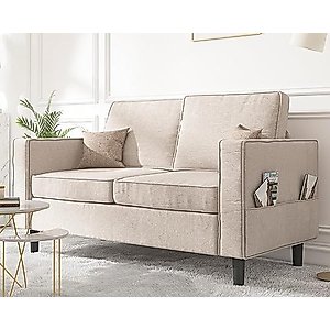 Mjkone Loveseat Sofa, Small Couches with 4 Storage Pockets, Modern Linen Fabric 2 Seaters Sofa for Living Room, Apartment, Small Spaces, Bedroom - Beige