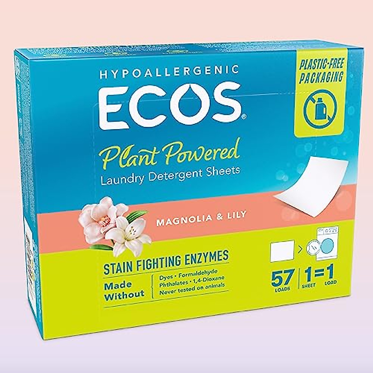ECOS Laundry Detergent Sheets - Vegan, No Plastic Jug, No Mess & Liquid Free - Laundry Sheets in Washer - Hypoallergenic, Plant Powered Laundry Detergent Sheets - Magnolia & Lily, 57 Count (Pack of 2)