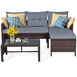 Moccha Patio Furniture Sets, Sectional Sofa Set, includes Lounge Chaise, Loveseat & Coffee Table, All Weather Rattan Wicker Couch w/Washable Seat Cushions, Patio Garden Lawn Backyard Furniture (Grey)