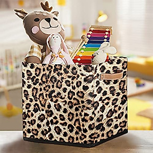 Leopard Wlidlife Print Striped Cube Storage Bins 13 x 13 x 13 inch, Leopard Animals Print Fabric Organizer Bins Basket Boxes with PU Leather Handles Foldable Storage Cube for Clothes Bedroom Closet Shelves