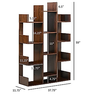 HOMCOM Tree Bookshelf, Modern Freestanding Bookcase with 13 Open Shelves, Display Unit for Living Room, Study or Office, Brown