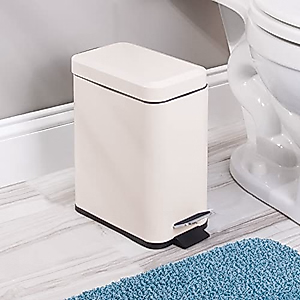 mDesign Small Modern 1.3 Gallon Rectangle Metal Lidded Step Trash Can, Compact Garbage Bin with Removable Liner Bucket and Handle for Bathroom, Kitchen, Craft Room, Office, Garage - Cream/Beige