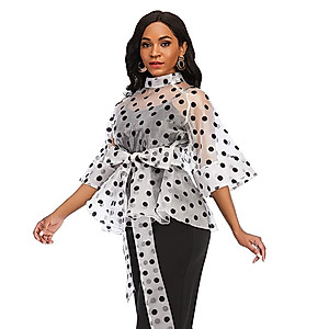 AOMEI Women's Stand Collar Polka Dot See Through Front Tie Peplum Blouse Transparent XXL