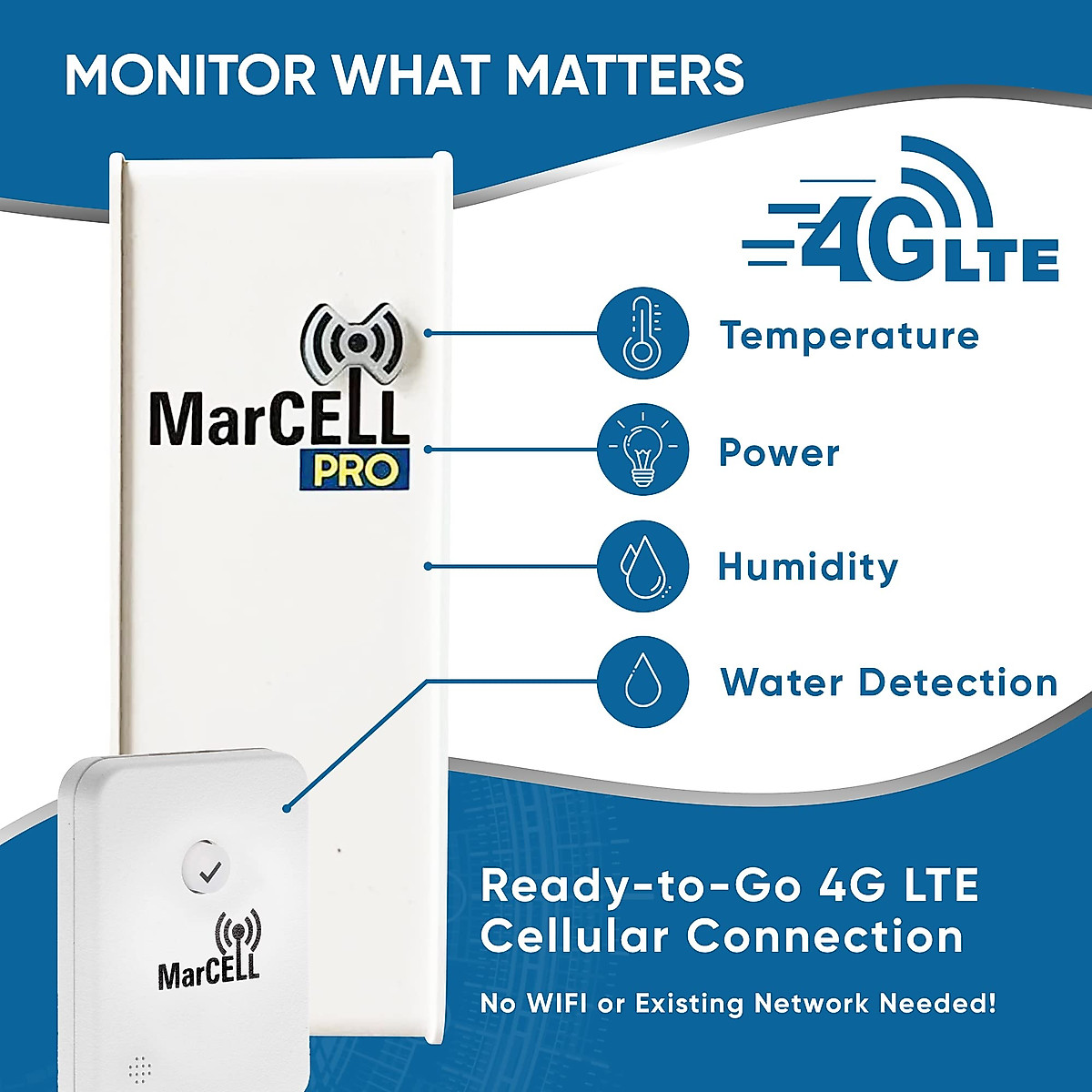 MarCELL PRO - Professional Level Remote Temperature, Humidity & Power and Water or Leak Monitor - No WiFi Needed - RV, Network Room, Freezer, Home - Instant Phone Call Alerts - Made in The USA