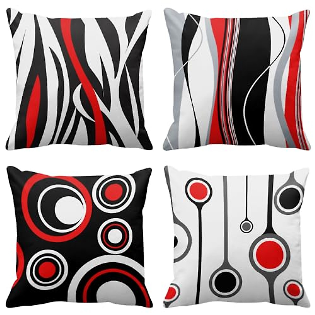 Emvency Set of 4 Throw Pillow Covers 16x16 Inches Decorative Cushion Modern Abstract Red Black White and Grey Wavy Vertical Stripes Dot Polyester Pillow Cases Square Pillocases for Bed Sofa