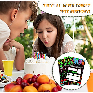 DETIHO 4" x 6" Roller Skating Birthday Party Invitation Cards With Envelopes - Roll On Over And Celebrate - Neon Glow Skate Party Invitation - 20 Sets - E51