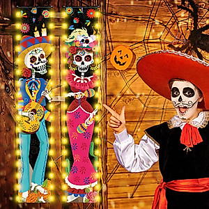 Tiamon 3 Pcs Day of The Dead Porch Sign with LED Lights, Mexican Dia De Los Muertos Party Door Decorations, Day of The Dead Sugar Skull Door Banner for Halloween Fiesta Party, 11.8 x 70.9 Inches
