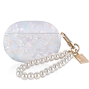 Glitter Marble Shell Design for Beats Studio Buds (2021) with Pearl Wrist Chain Keychain for Women Girls,Colorful Sparkle Bling Cute Beats Studio Buds Protective Skin Cover Soft TPU Shock Proof-White