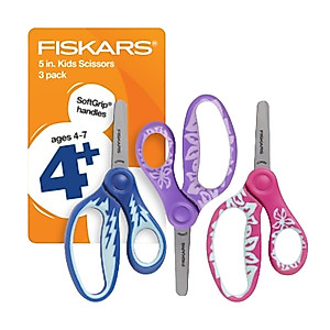 Fiskars Kids Scissors, Scissors for School, Blunt Tip Scissors, 5 Inch, Softgrip, 3 Pack (Blue, Purple, Pink)