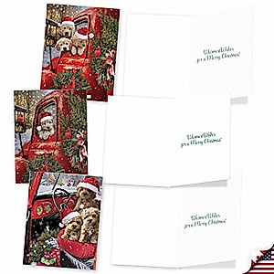 NobleWorks Variety Pack of 20 Christmas Greeting Cards with Envelopes, Humor Holiday Assortment for Men and Women (10 Designs, 2 Each) - Red Truck Puppies AM3375XSG-B2x10