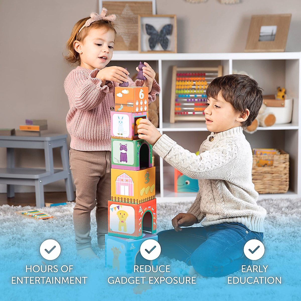 Play Brainy Farm Animal Sorting and Stacking Toys for Toddlers Ages 1-3 - 6 Sets of Animal Stacking Blocks Toddler Toys for Girls and Boys for Preschool Concepts & Early Learning Baby Gifts