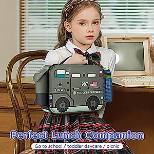 TIME4DEALS Kid Bento Lunch Box Set, Insulated Lunch Bag with 6 Compartment Bento Box Ice Pack Water Bottle Muffin Cup Spoon Snack Container Kids School Lunch Supplies Ideal for 7-16 (Black Police Car)