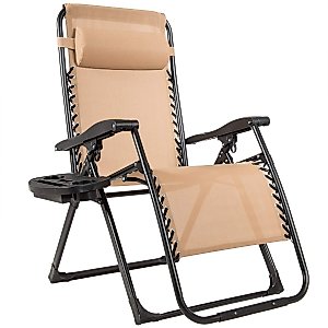 Goplus Zero Gravity Chairs, X-Large Outdoor Lounge Lawn Chair with Cup Holder & Detachable Headrest, Adjustable Folding Patio Recliner for Pool Porch Deck Oversize (Beige)