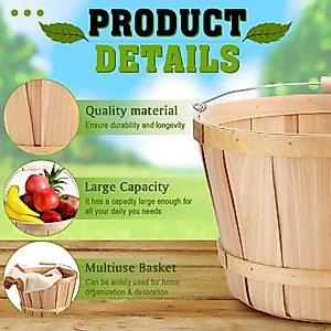 6 Pack 11 x 6.7'' Large Round Wooden Baskets with Handles, Handmade Wood Basket, Bushel Baskets, Farmers Market Baskets, Apple Baskets, Wooden Baskets for Indoors Outside Personal or Commercial Use